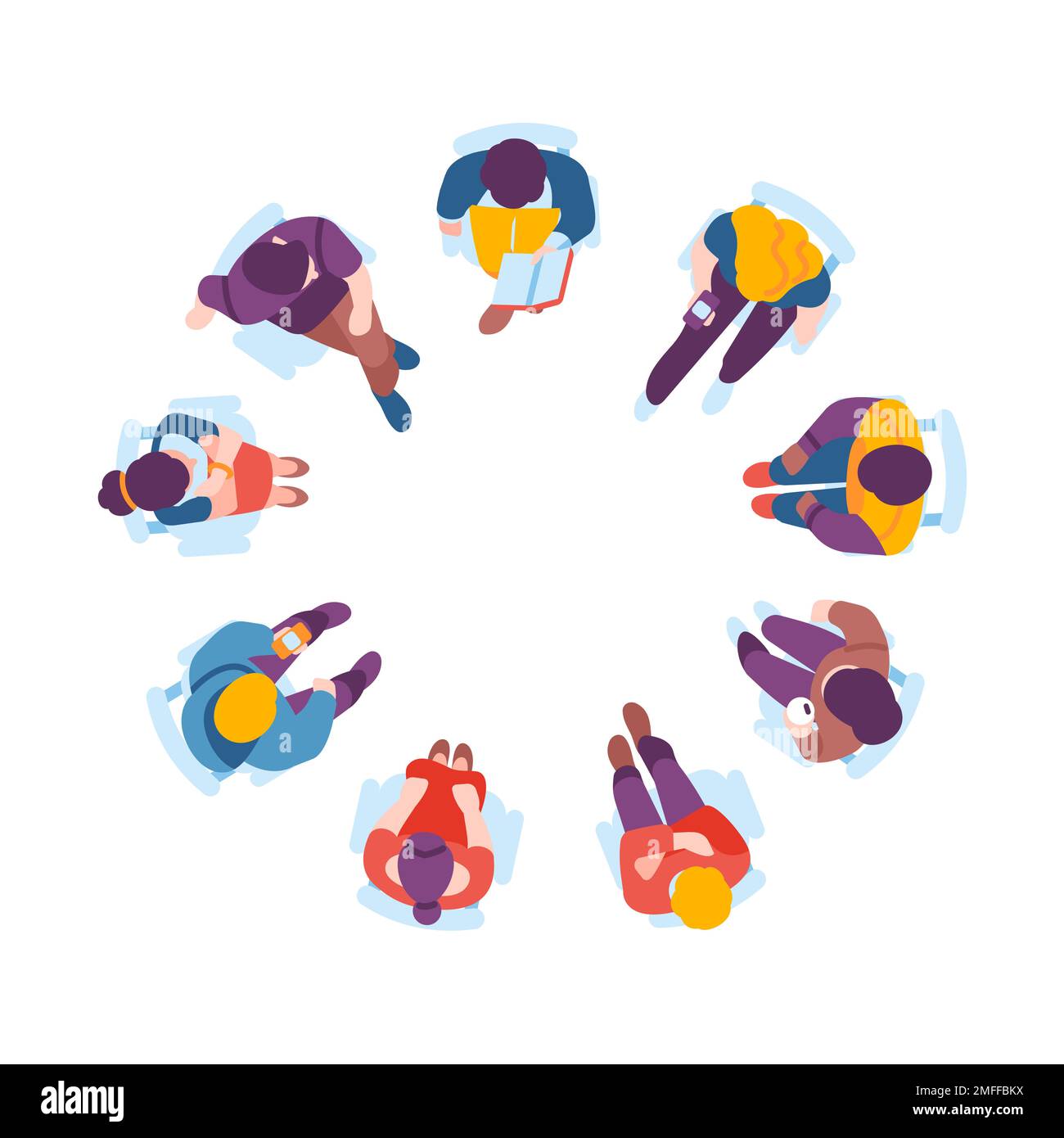 Men and women seated on circular chairs. People sitting in armchairs ...