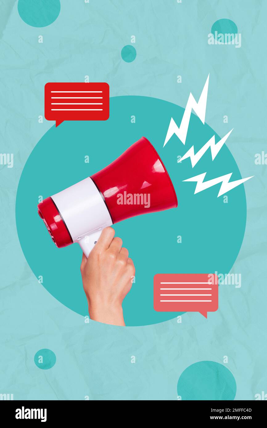 Photo creative collage artwork of hand holding megaphone noise ...