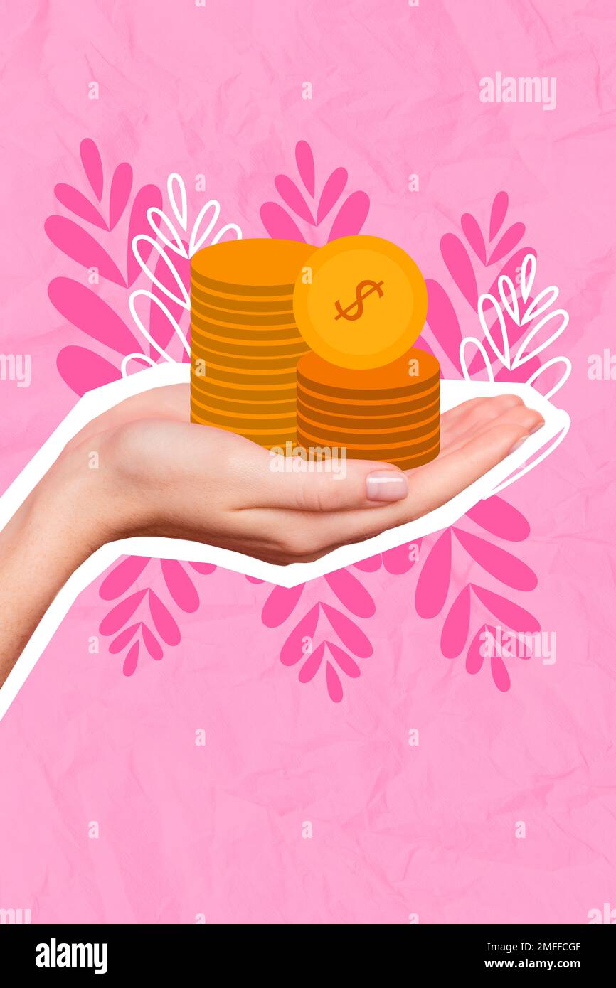 Photo composite collage of hands holding pile coins much money business ...