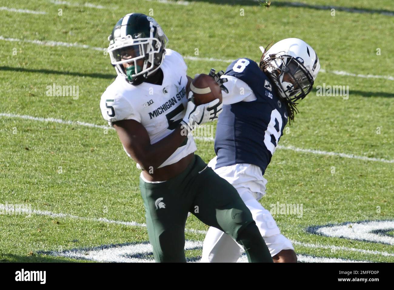 Michigan State wide receiver Jayden Reed (5) catches a pass as Penn ...