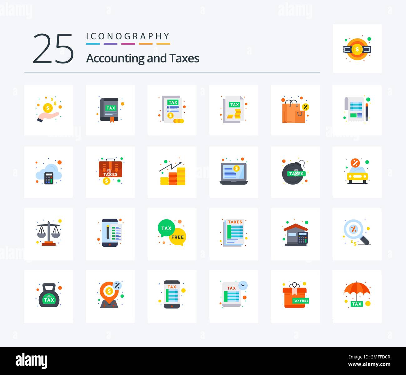 Taxes 25 Flat Color icon pack including bag. tax. tax. income tax ...