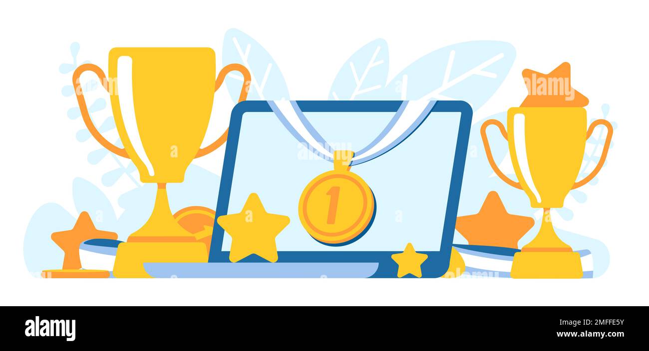 Prizes and winners. Medals for first place. Laptop with cup and other ...