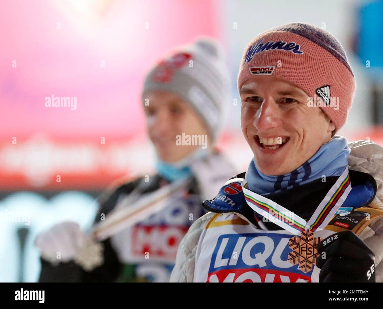 Winner Germany's Karl Geiger poses during the award ceremony after ...