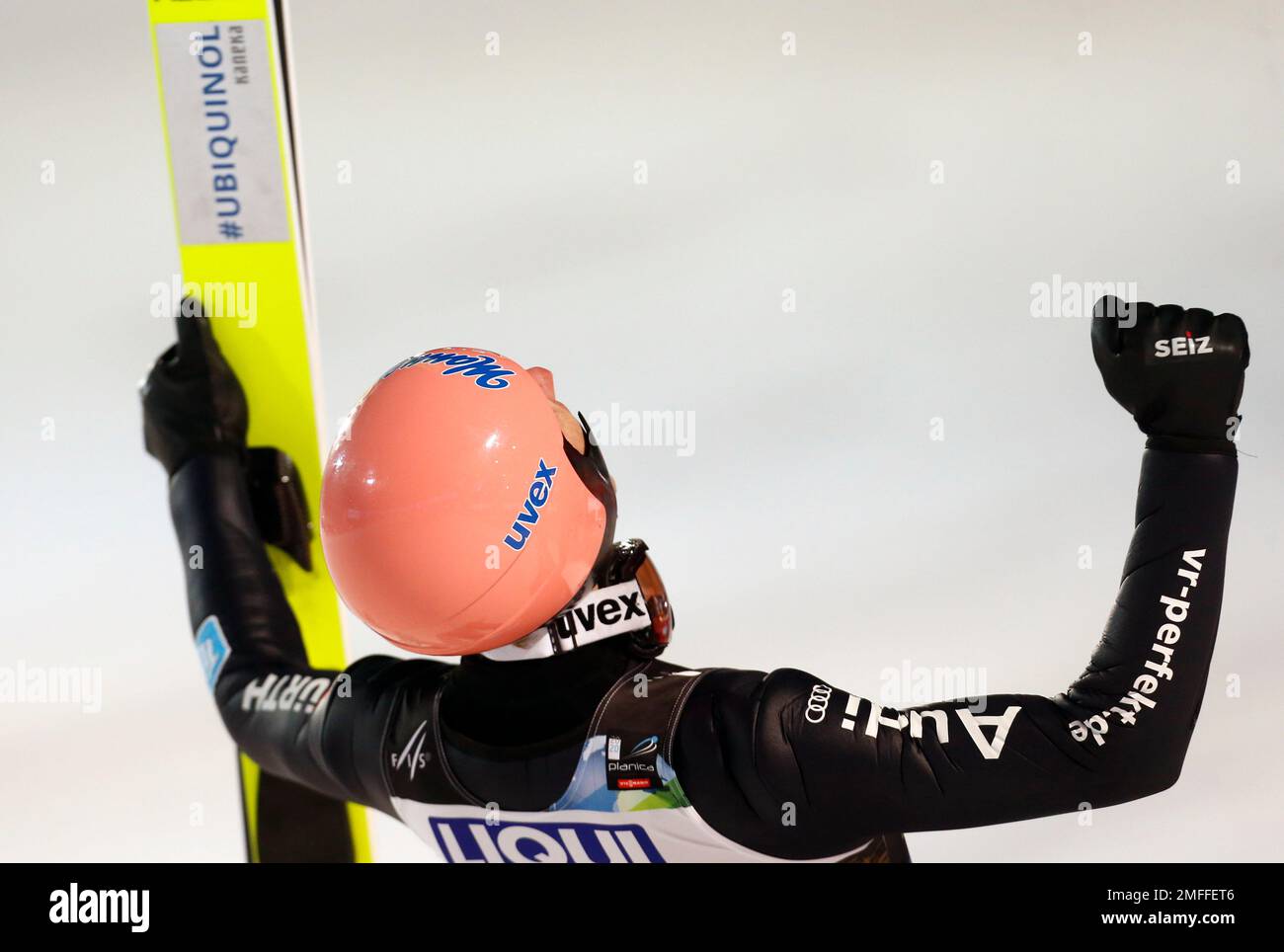 Winner Germany's Karl Geiger celebrates after his final jump at the Ski ...