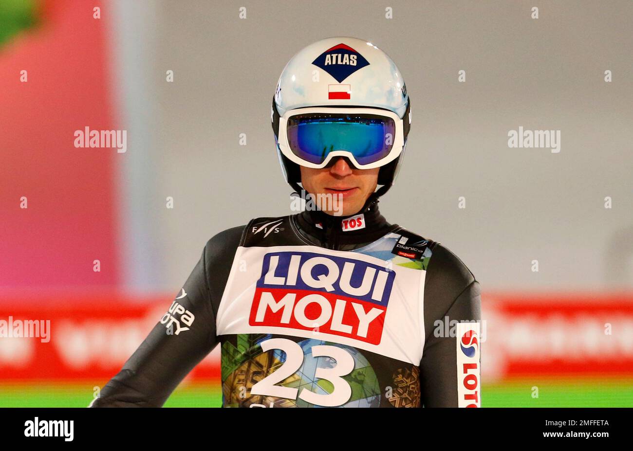 Kamil Stoch of Poland reacts after his final jump at the Ski Flying ...