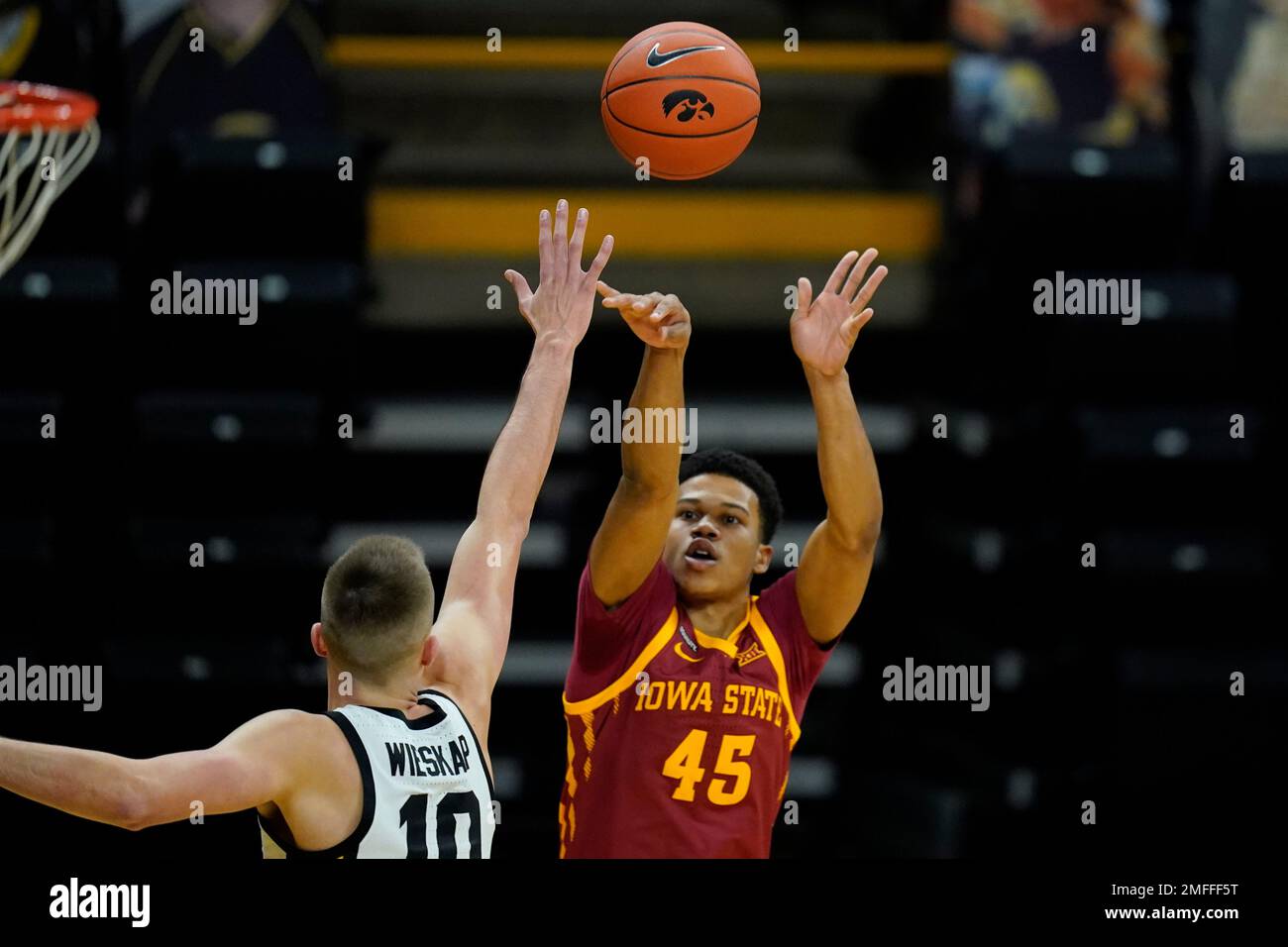 Iowa State guard Rasir Bolton (45) shoots over Iowa guard Joe Wieskamp ...
