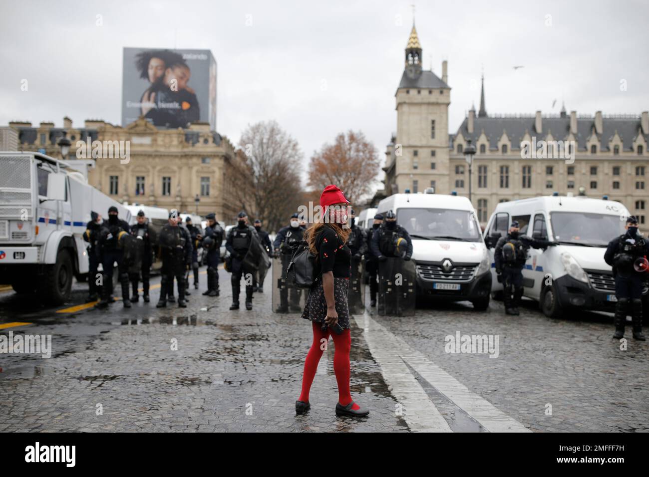 A demonstrator wears Phrygian cap, symbol of the French Revolution, in ...