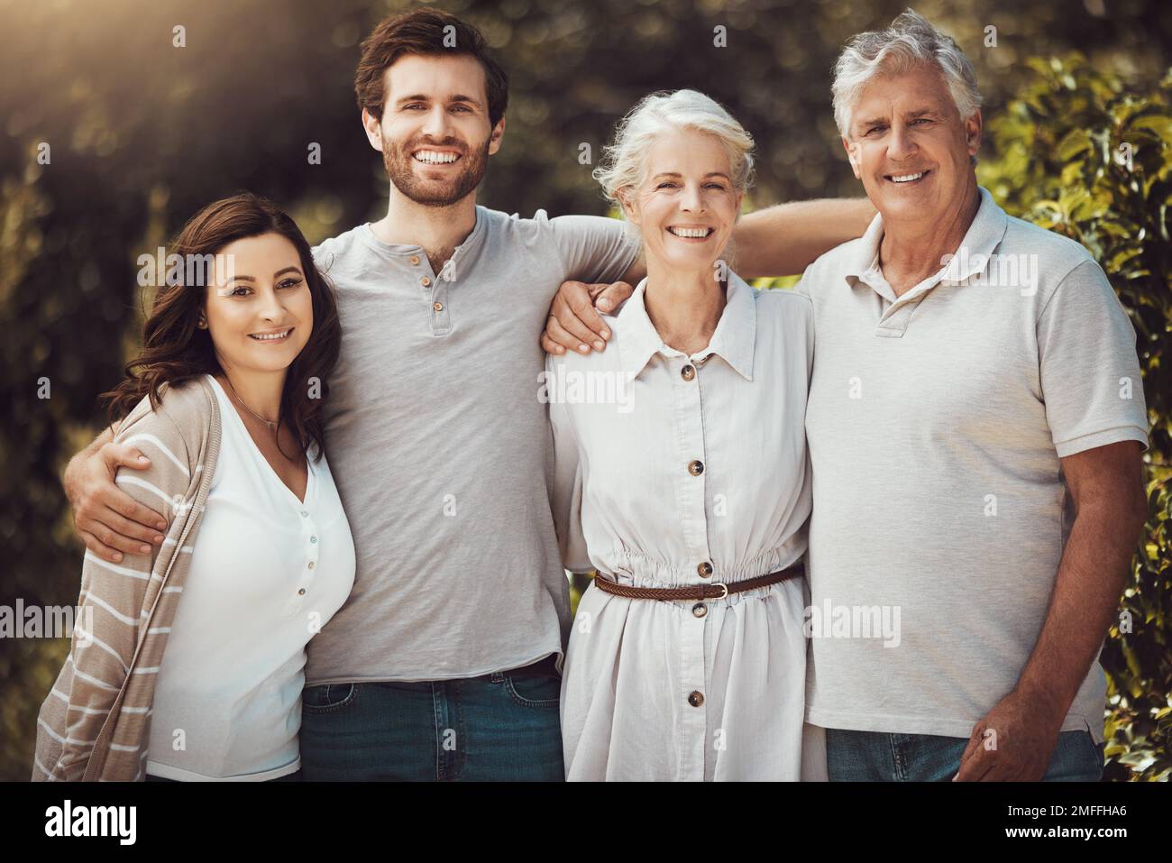 Family, hug and portrait smile for happy summer vacation, holiday break ...
