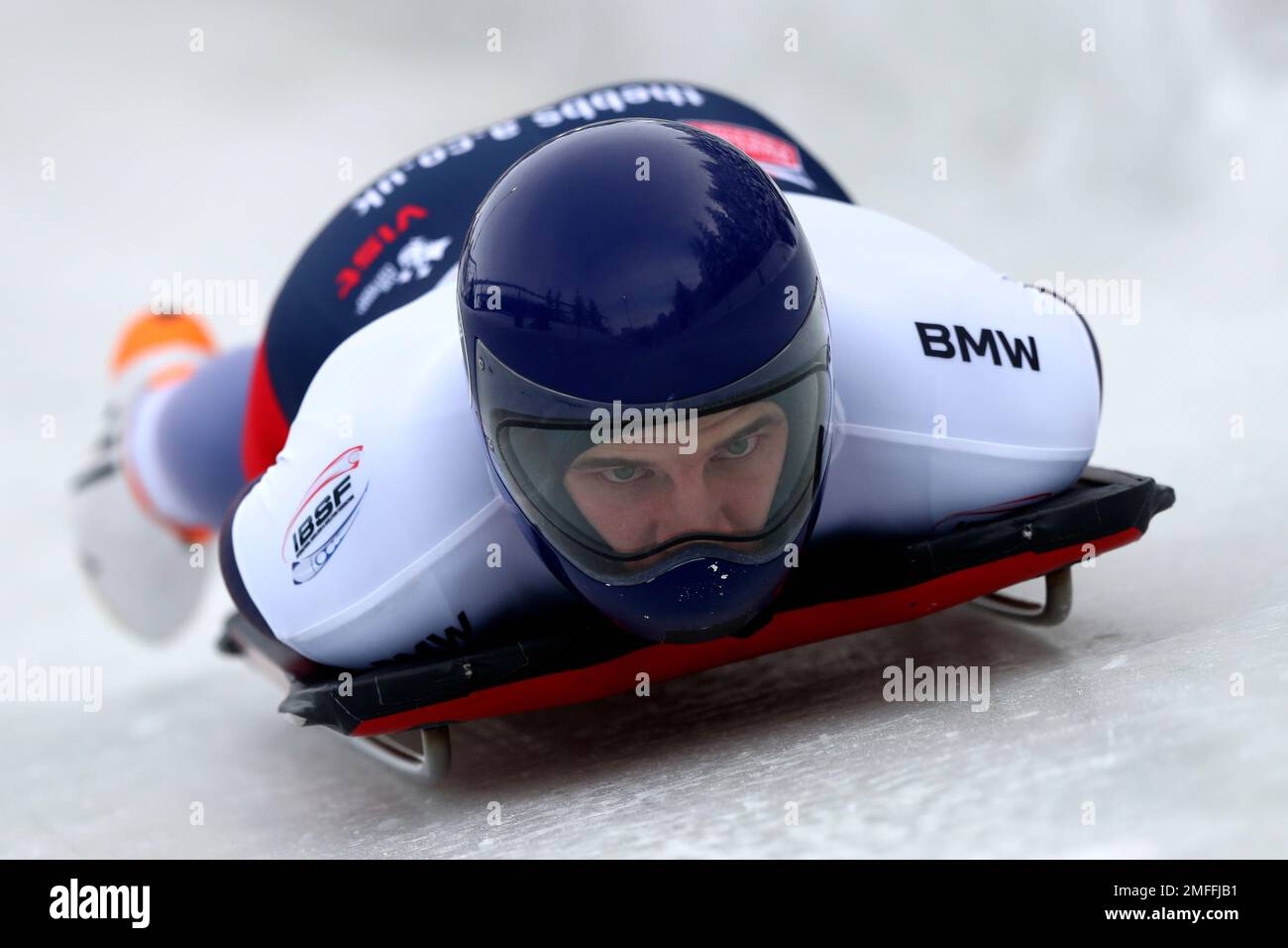 Ben Fulker of Britain starts his first heat of the men's Skeleton World ...