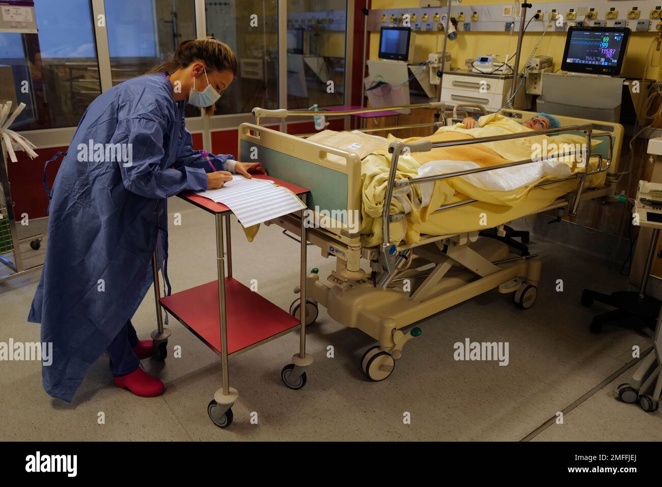 A medic works in the resuscitation room at Bichat Hospital, AP-HP, in ...