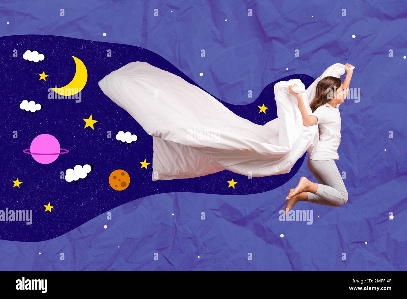 Artwork magazine collage picture of excited charming little kid jumping ...