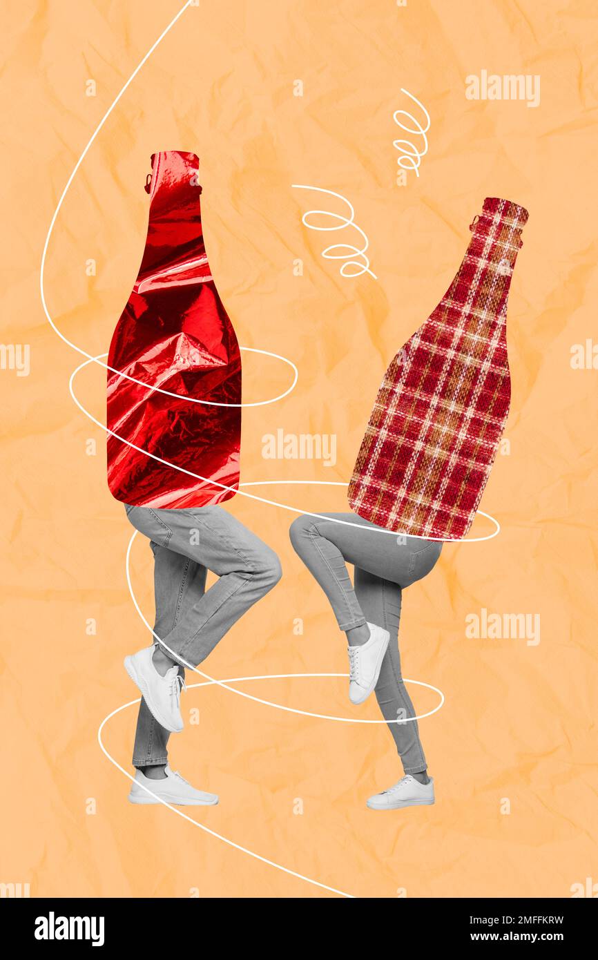 Vertical photo collage of two young people carefree dancing headless ...