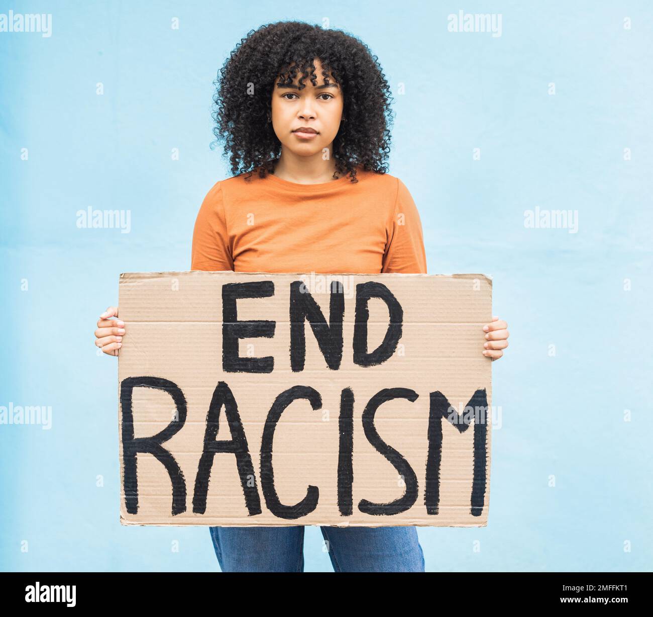 Black woman protest, sign and anger in portrait, racism and equality ...