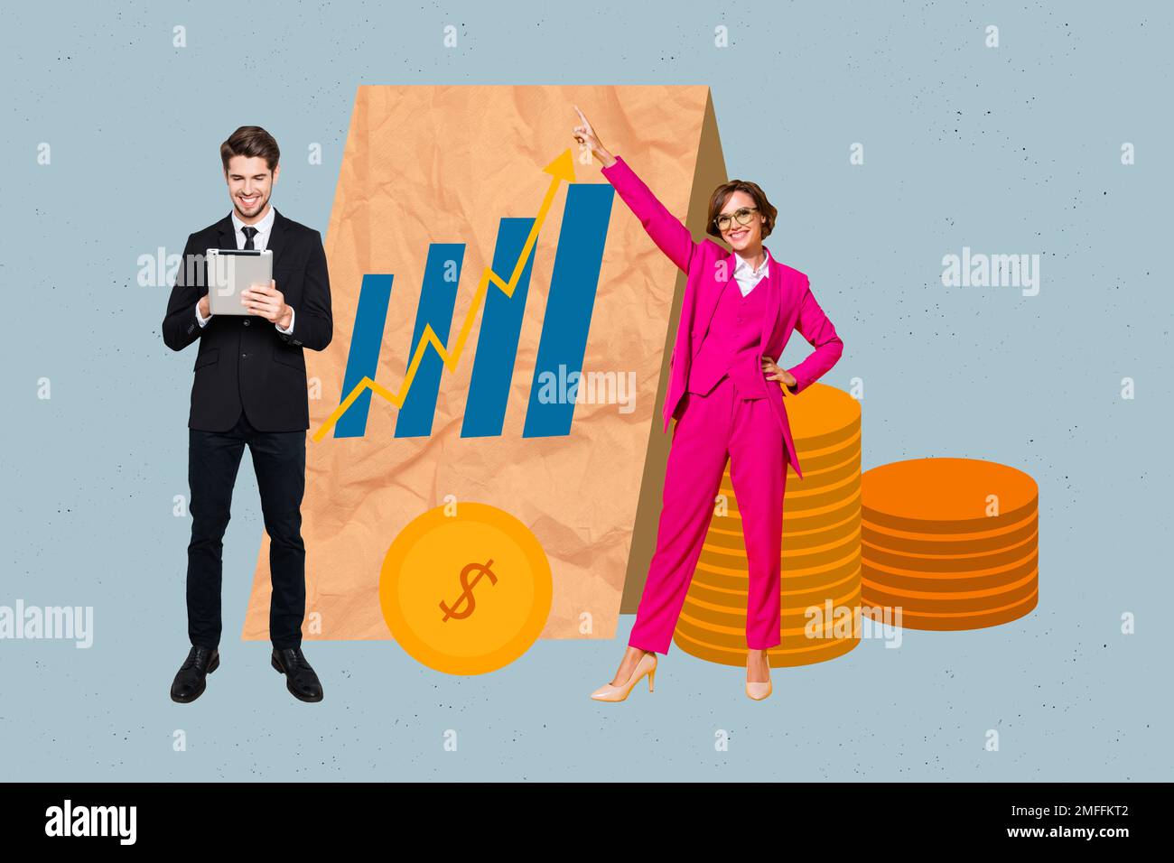 Creative collage artwork photo of two young successful businesswoman ...