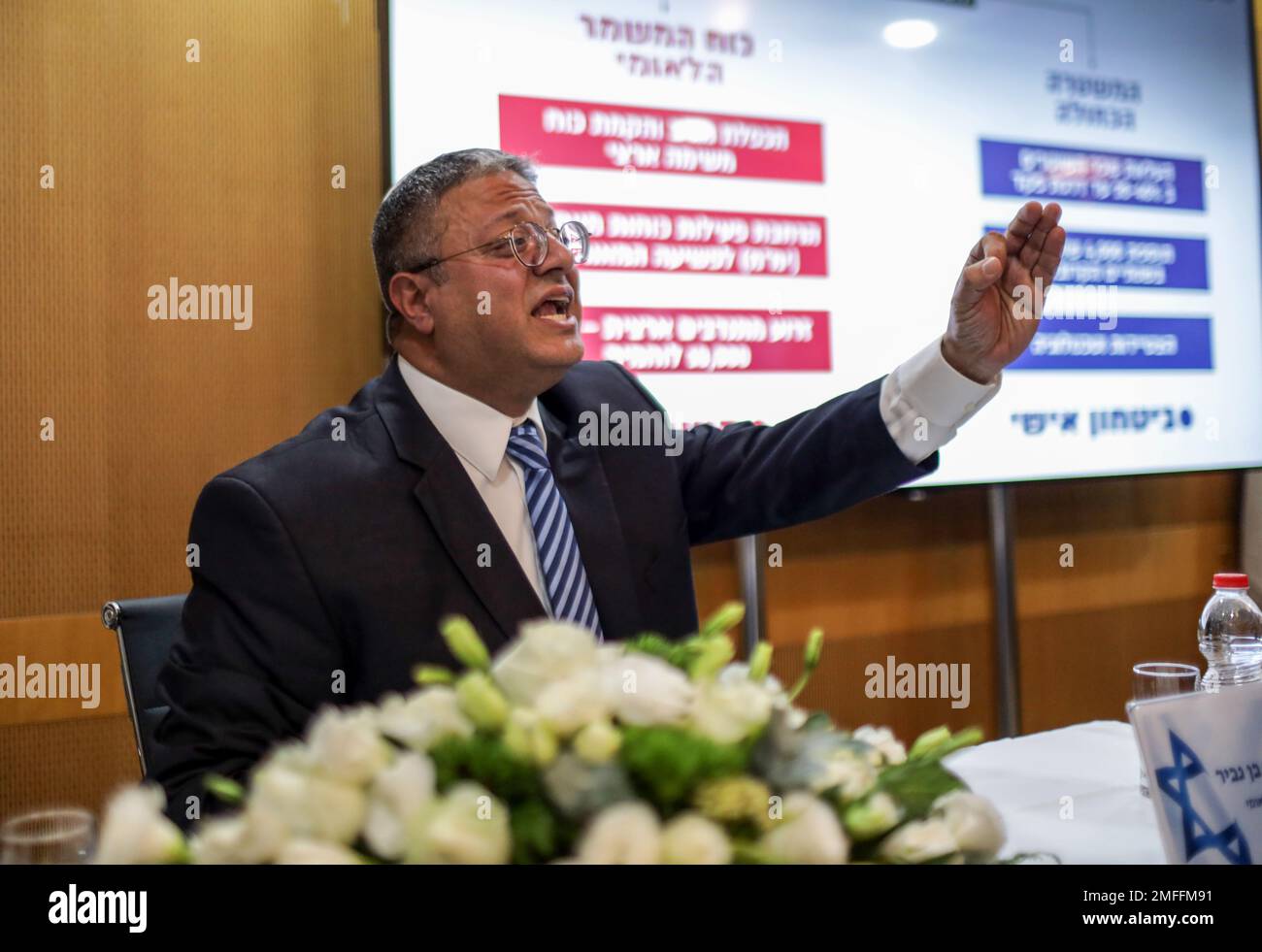 Israeli minister of National Security Itamar Ben Gvir speaks during a ...