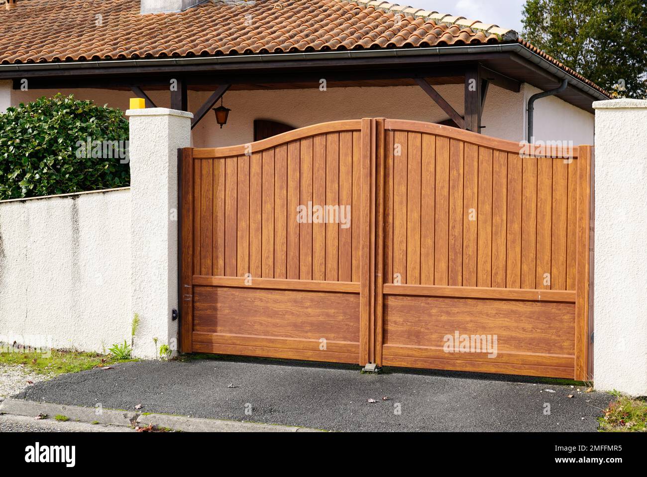 wooden dark natural brown gate portal of suburb door house Stock Photo ...