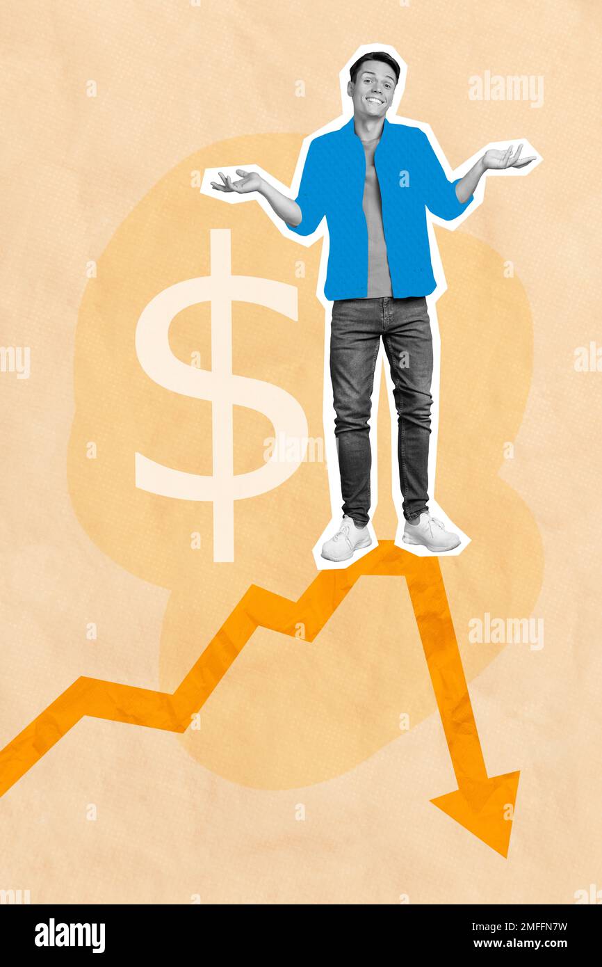 Artwork collage photo of young entrepreneur guy shrug shoulders no idea ...