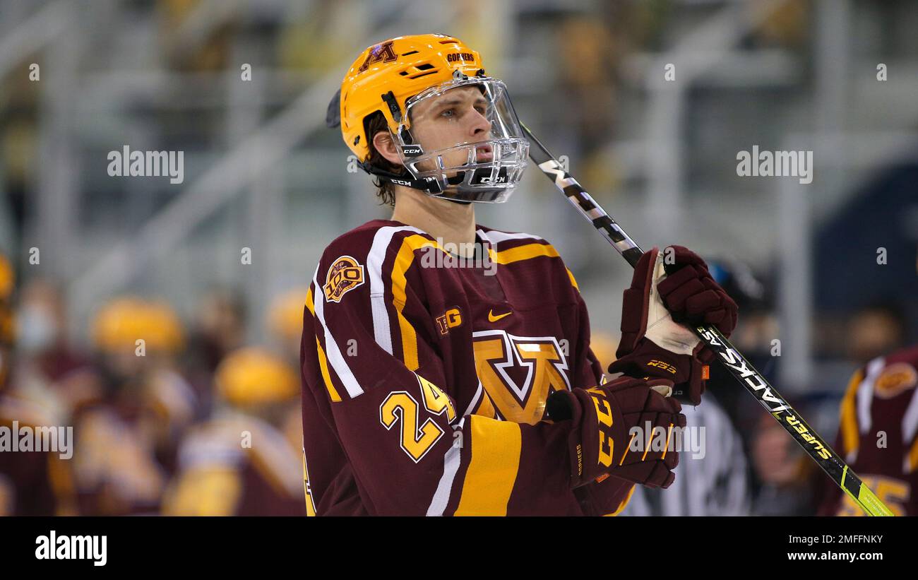 Minnesota's Jaxon Nelson plays during an NCAA hockey game on Wednesday ...