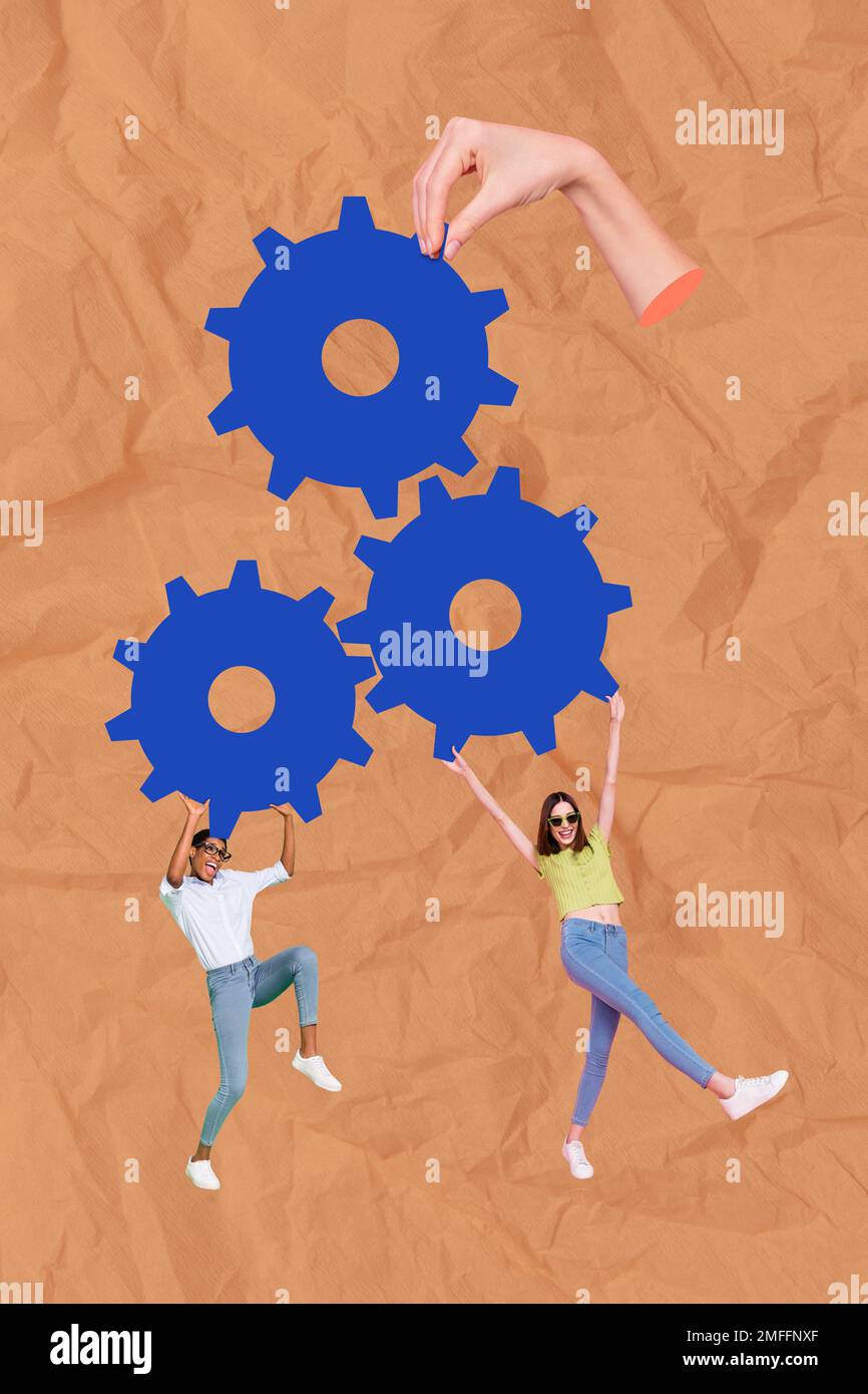 Composite photo collage of two young workers girls teamwork hold huge ...