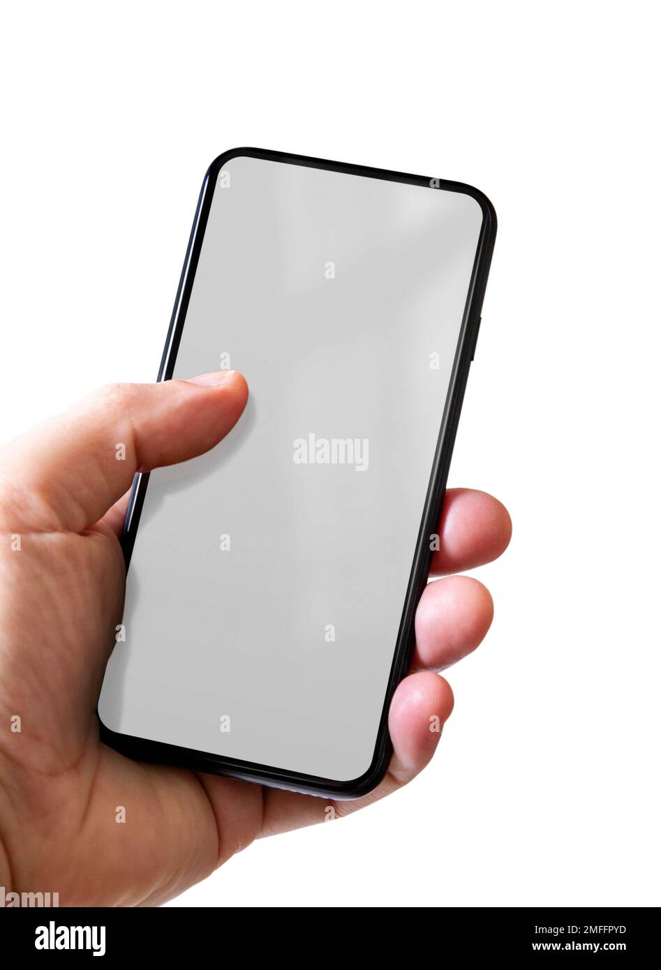 Hand holding a smartphone with blank grey screen. Isolated on white ...