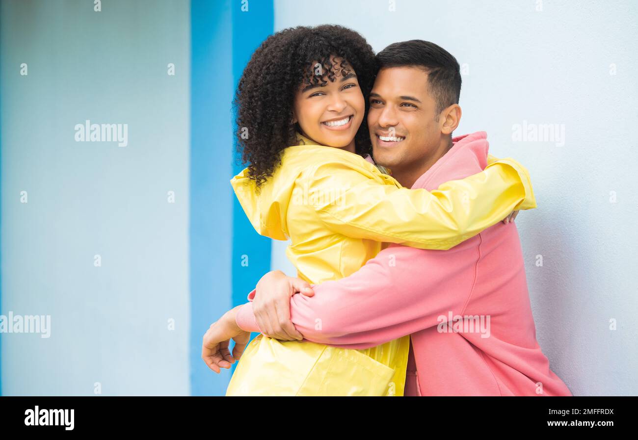 Couple, smile and hug in portrait, happy mockup with love and ...