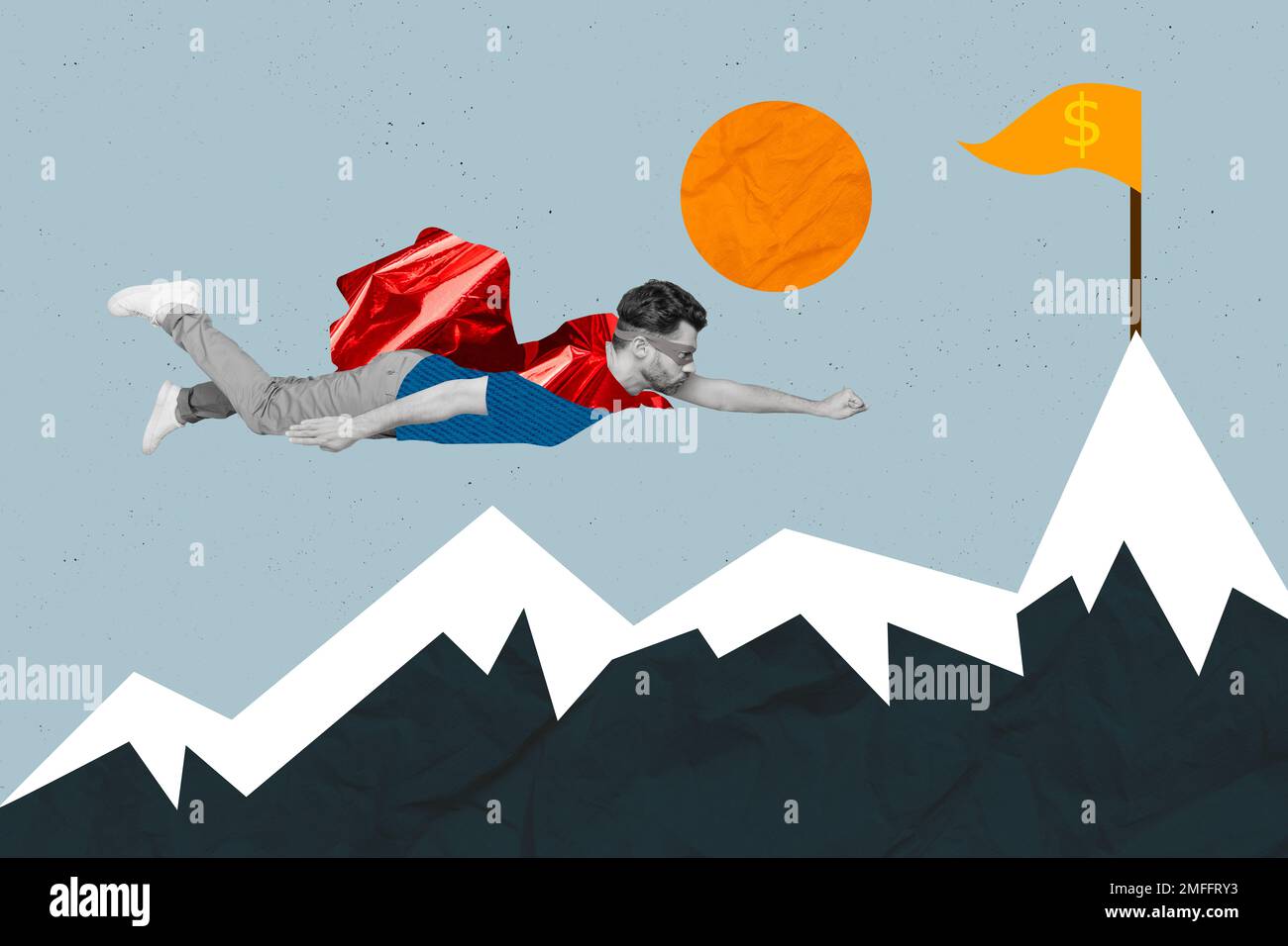 Collage photo of young superhero man flying fast goal achievement ...
