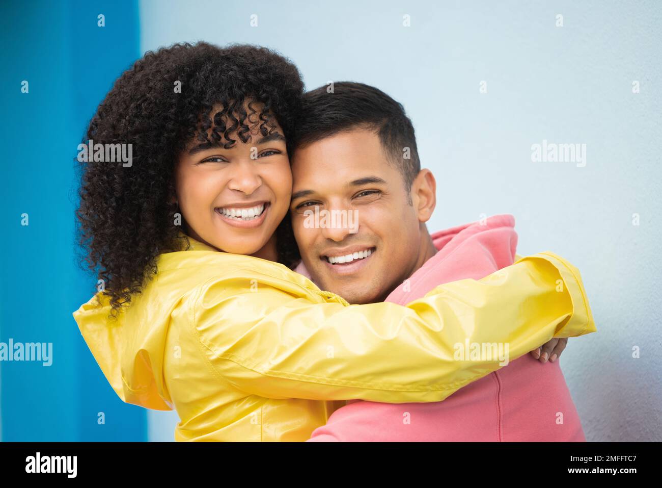 Couple, smile and hug in portrait with face, love and commitment ...