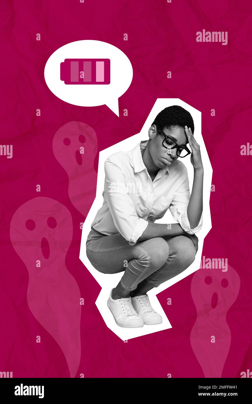 Vertical collage picture of unsatisfied tired black white effect person ...