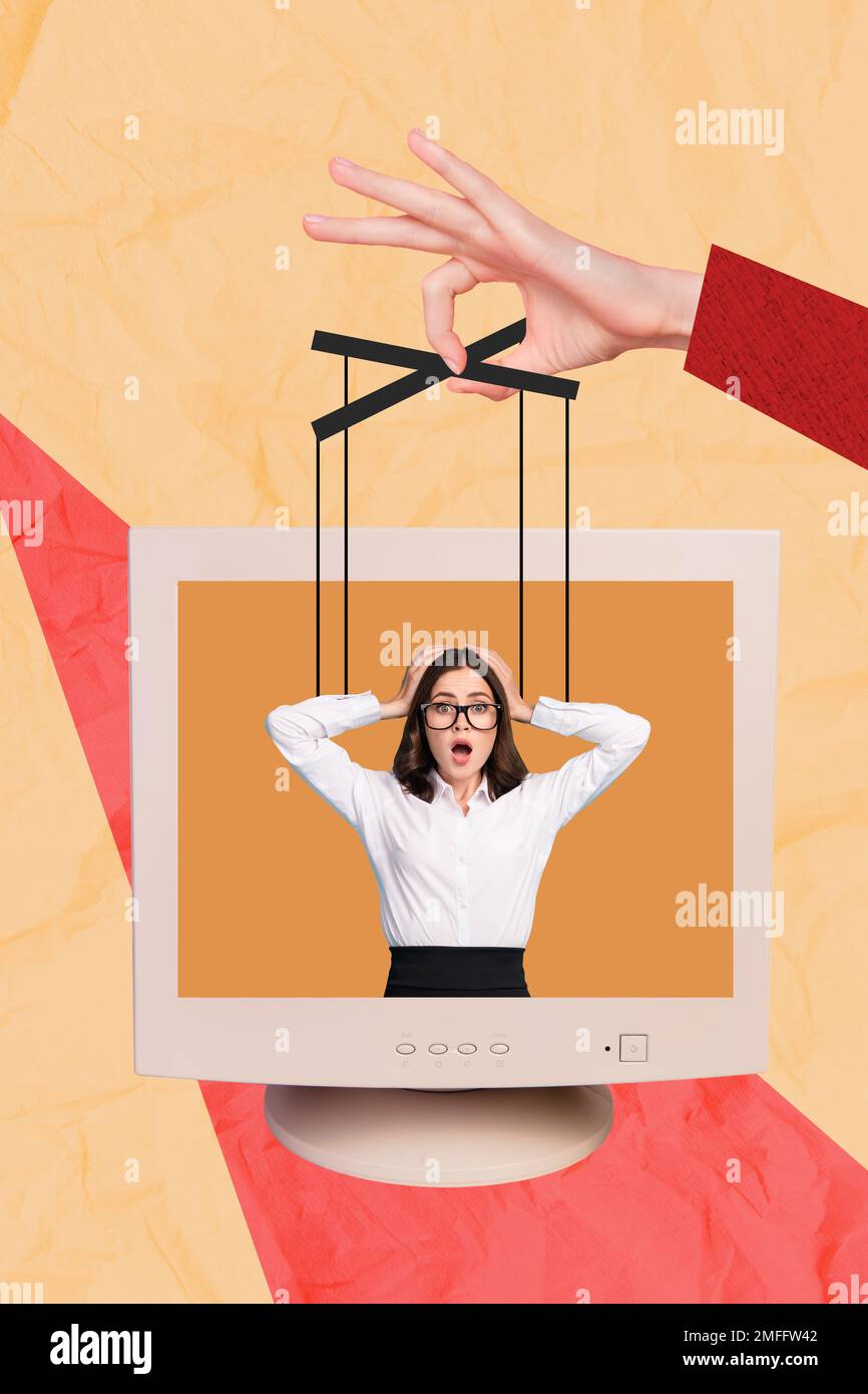 Vertical collage picture of arm fingers hold strings controlled mini ...