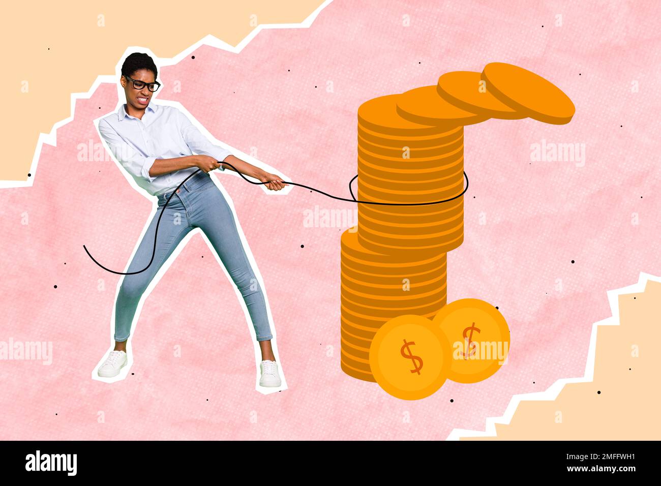 Composite collage picture of hardworking person hands pull string huge ...