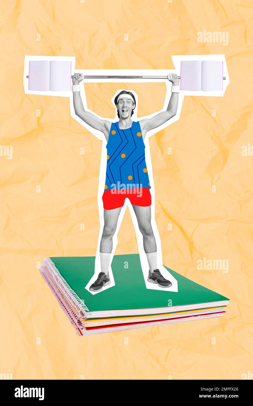 Vertical collage image of excited black white gamma mini guy stand pile stack notebook press ...