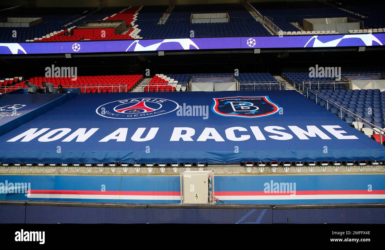 An anti racism banner seen on the empty stands inside the stadium ahead ...