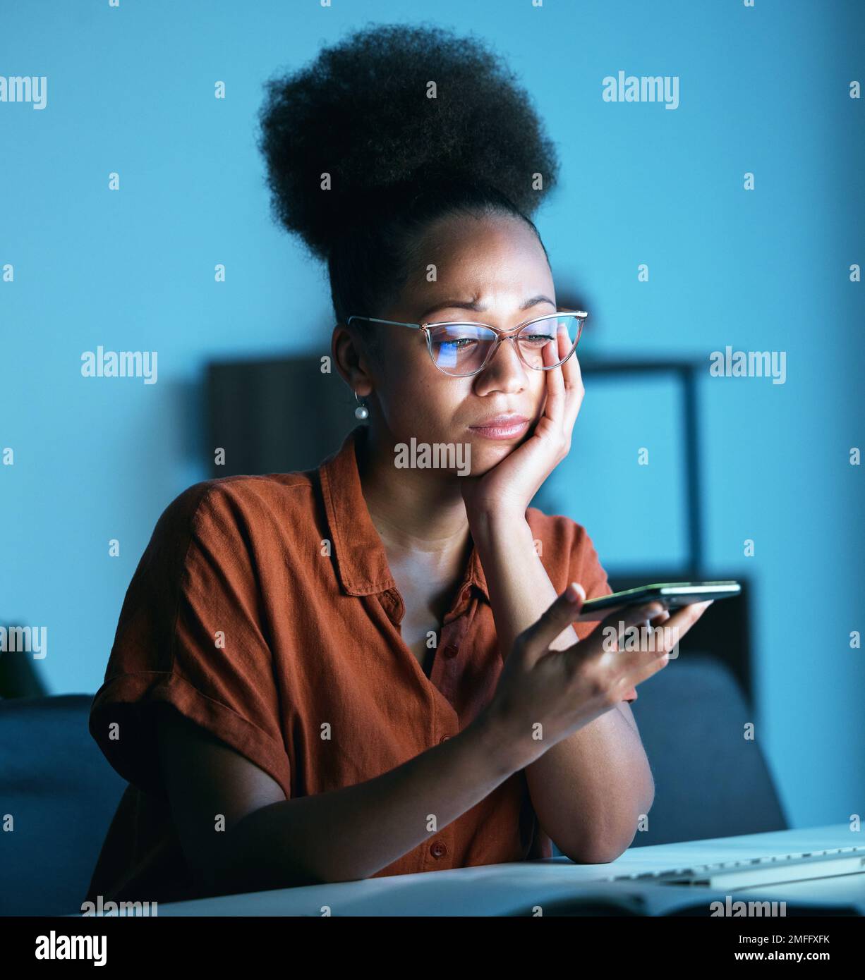 Business, black woman and phone call on speaker, stress and concerned ...