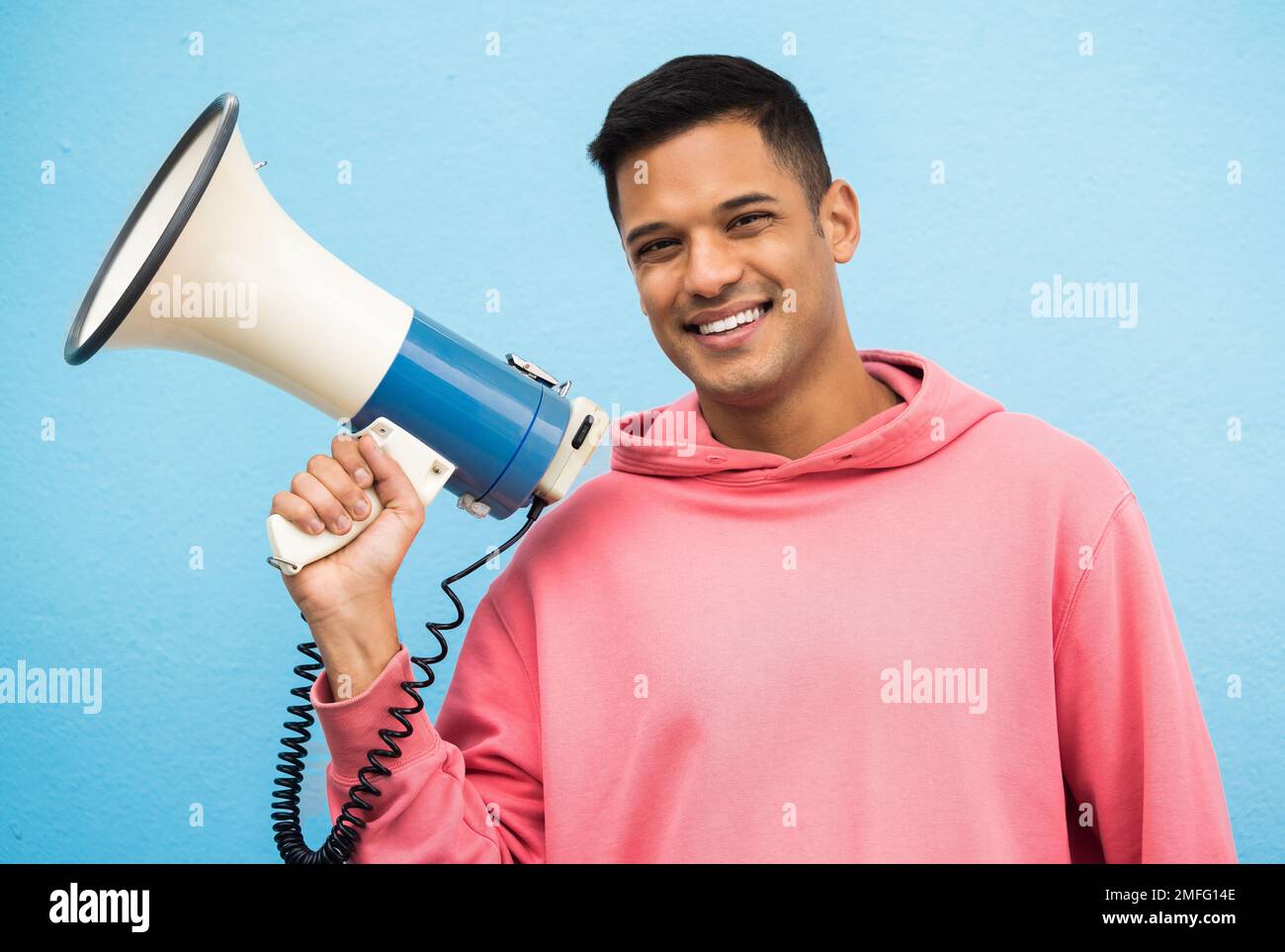 Megaphone, man and portrait of a male speaker ready for justice ...