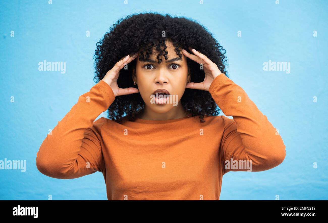 Wow, surprise and portrait with a black woman in shock standing on a ...