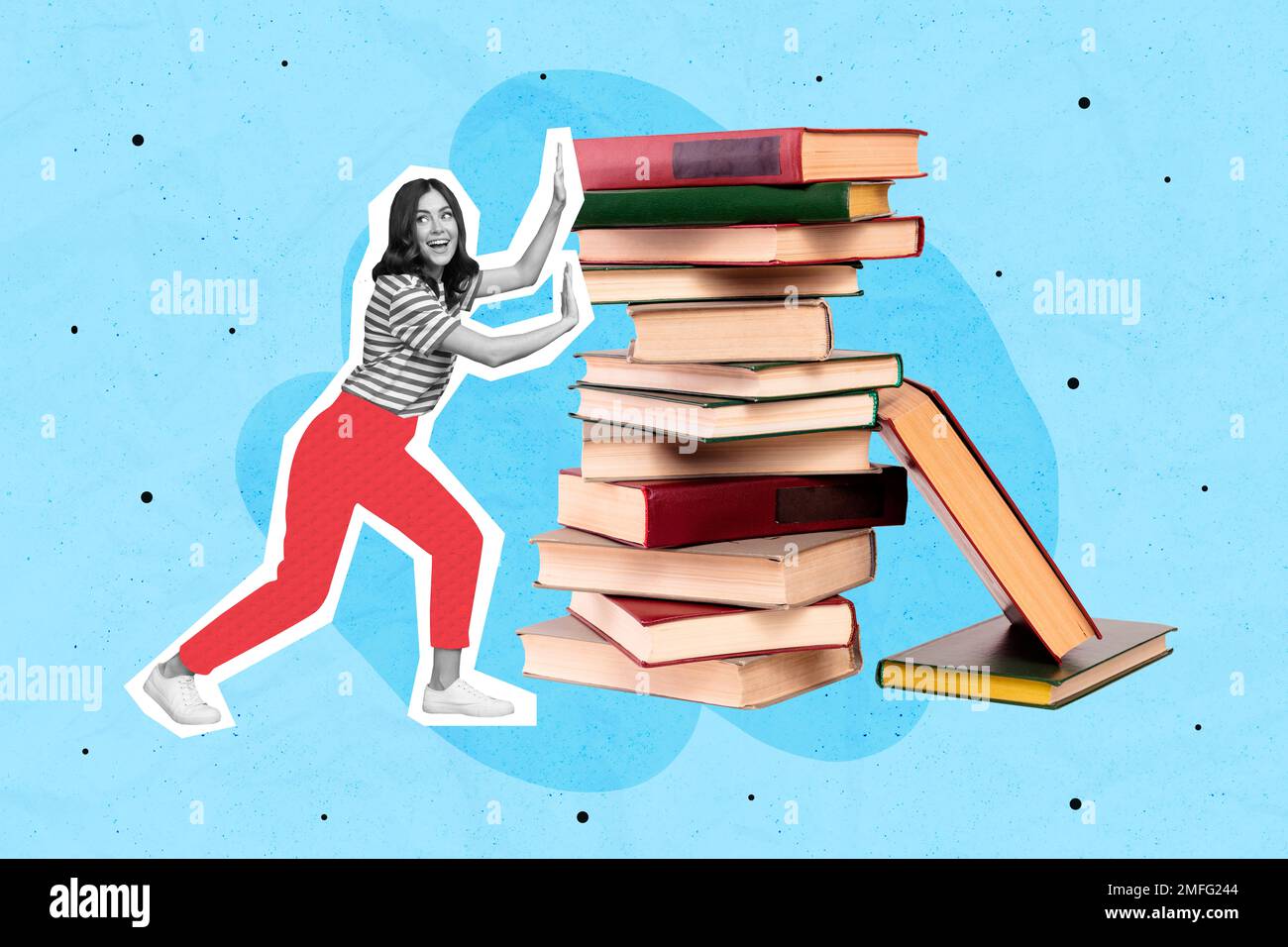 Composite collage picture of black white effect mini girl push huge ...