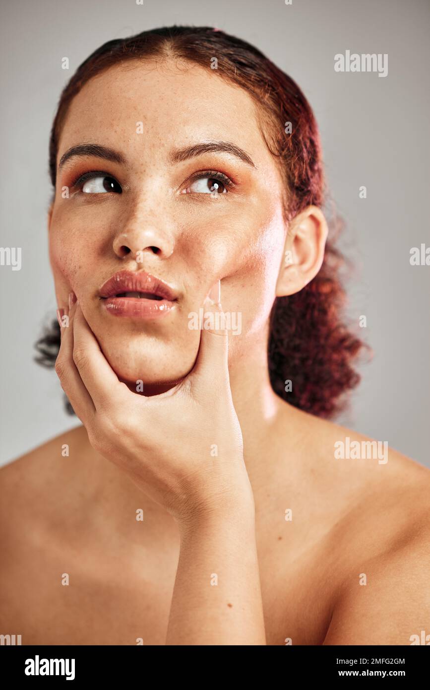 Beauty, natural and real face of studio woman with cosmetics, makeup ...