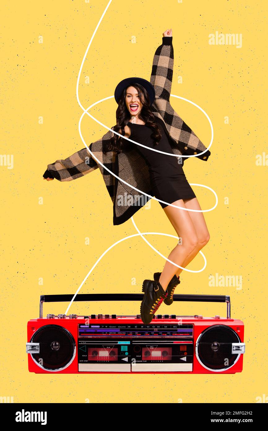 Vertical collage image of cheerful excited girl stand big boombox ...