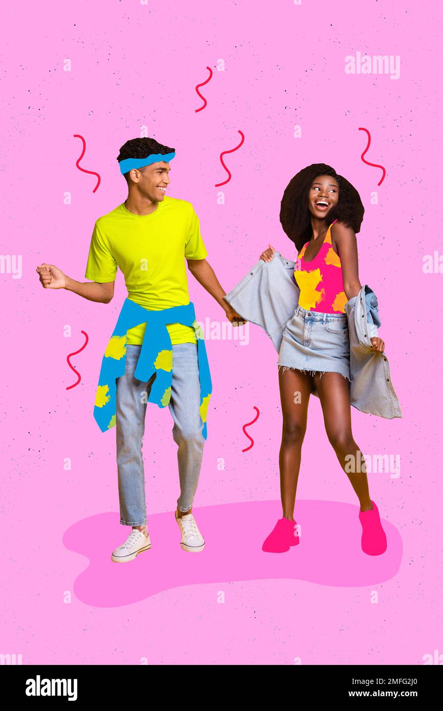 Vertical collage picture of two cheerful carefree people enjoy dancing ...