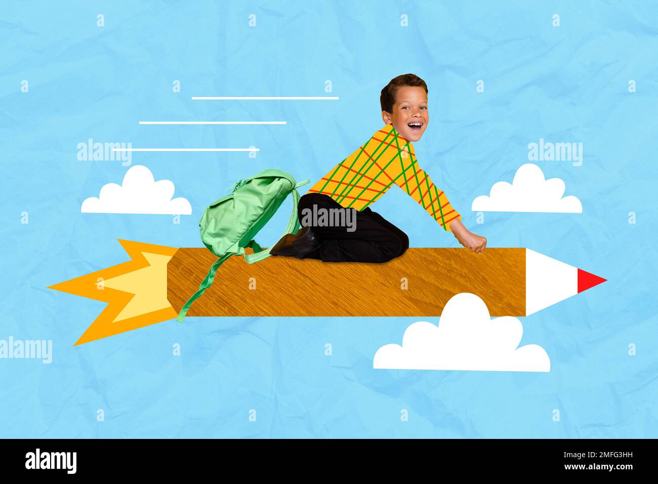 Creative collage image of excited cheerful kid flying huge pencil ...