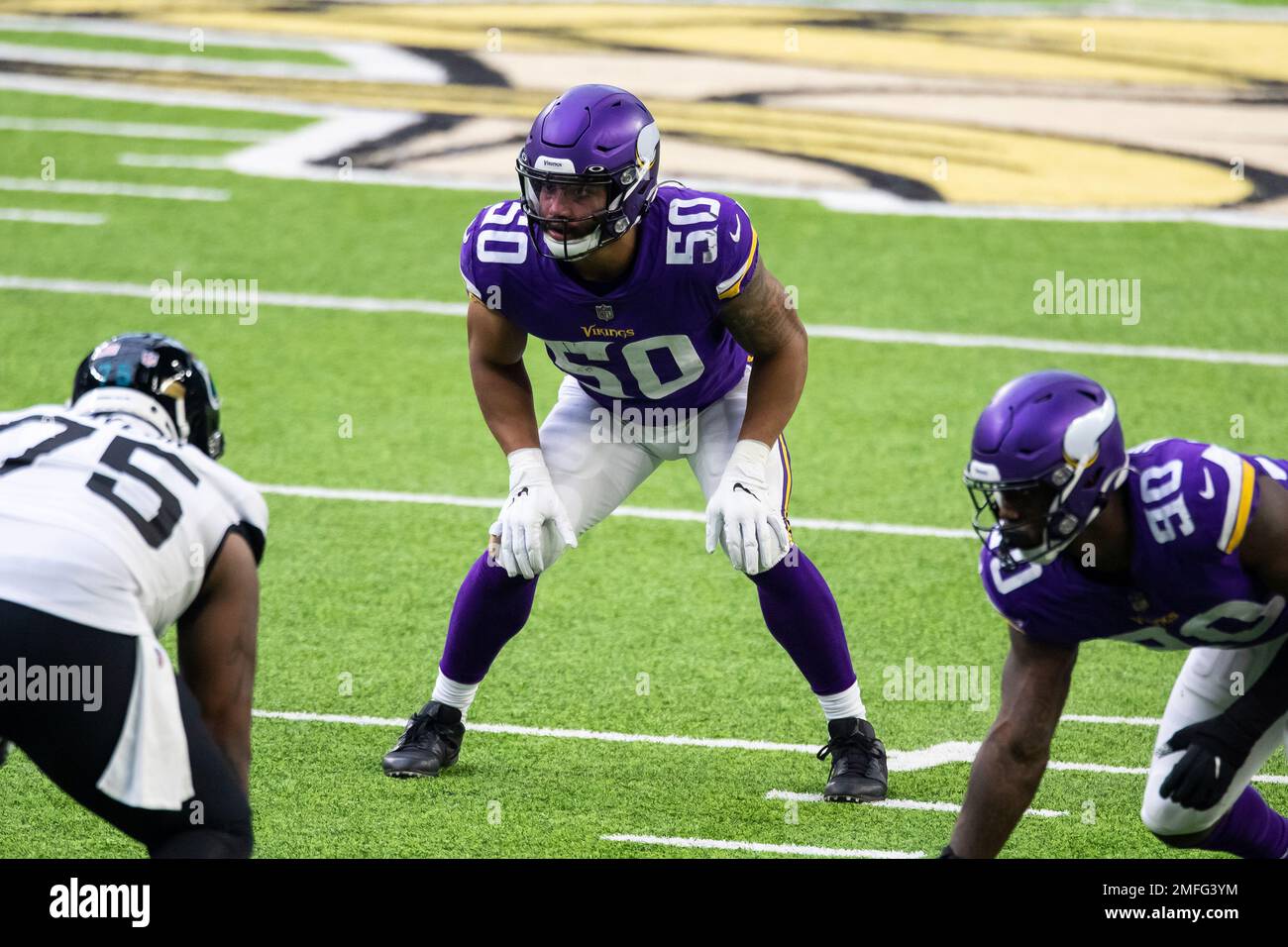 Minnesota Vikings outside linebacker Eric Wilson (50) readies for the ...