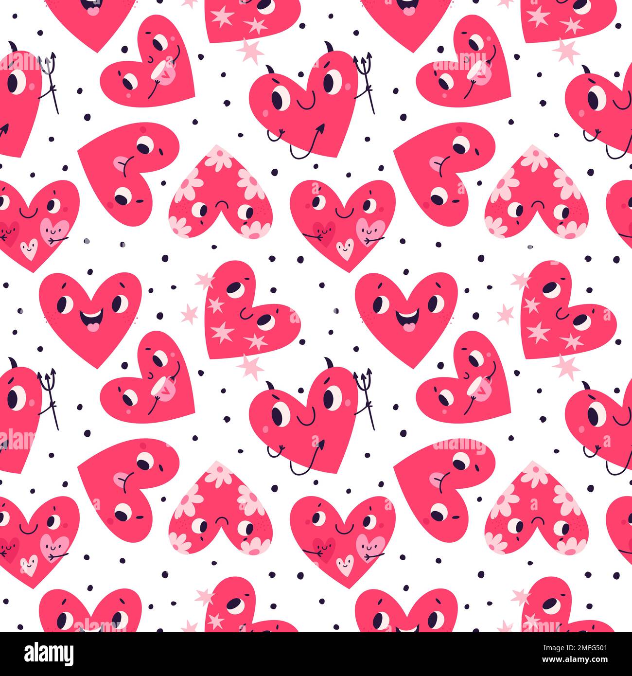 Funny hearts seamless pattern. Cartoon emoji characters. Love and ...