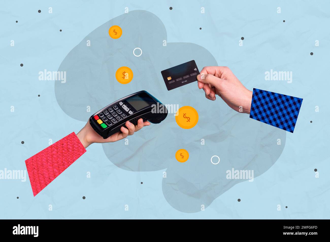 Photo creative collage of hand credit plastic card demonstrate wireless payment operation ...