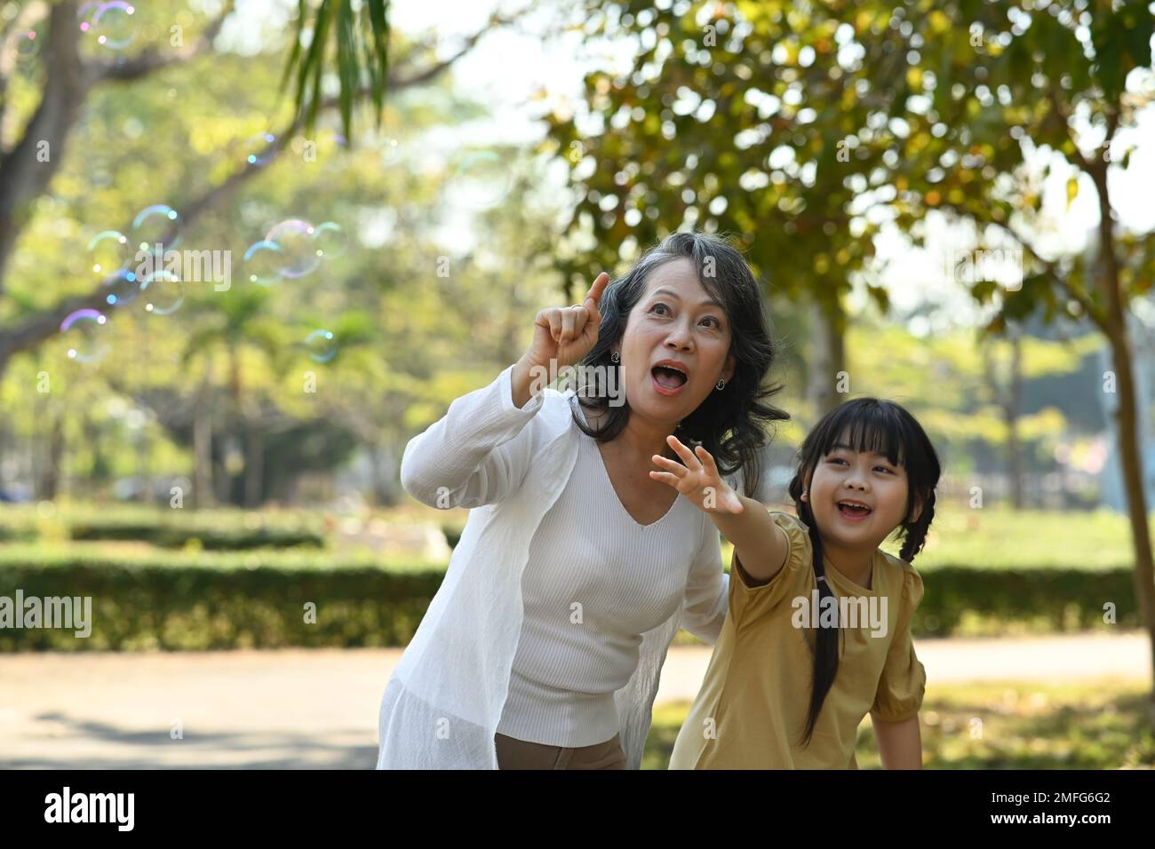 Grandmother and granddaughter having fun blowing soap bubbles into the ...