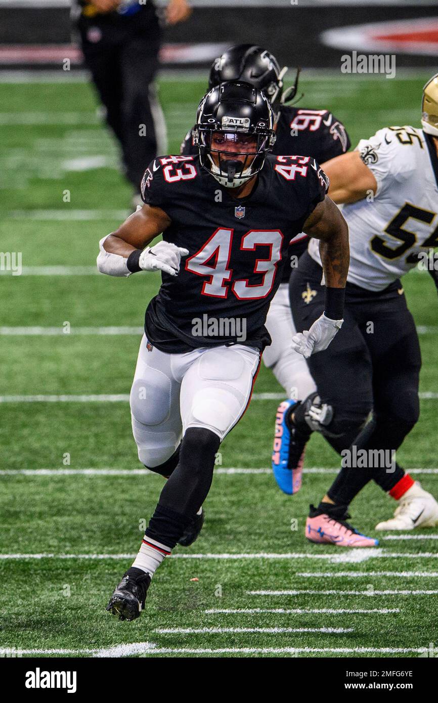 Atlanta Falcons linebacker Mykal Walker (43) works during the first ...