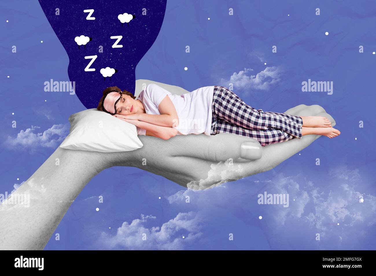 Photo collage artwork minimal picture of smiling dreamy lady sleeping ...