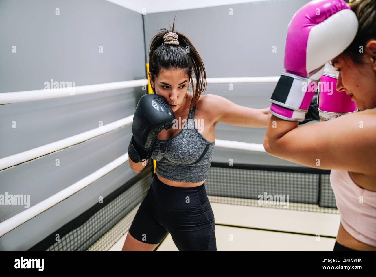 Female boxer throwing a front punch to her opponent in a practice in ...
