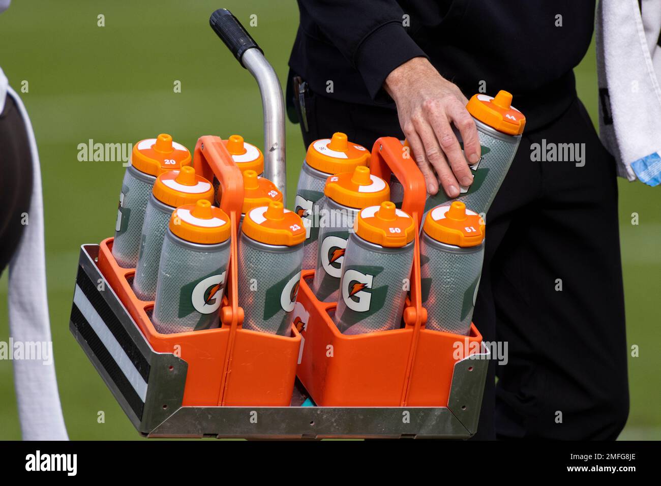 Detail view of Gatorade water bottles with player numbers during the ...