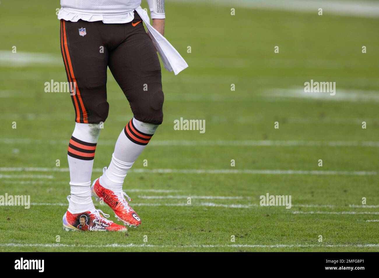 Detail view of custom cleats worn by Cleveland Browns quarterback Baker ...