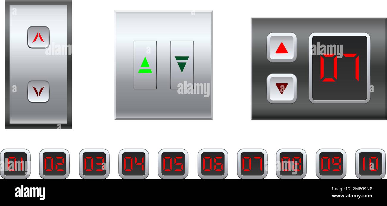 Realistic elevator buttons. Stage transportation. Navigation shiny ...